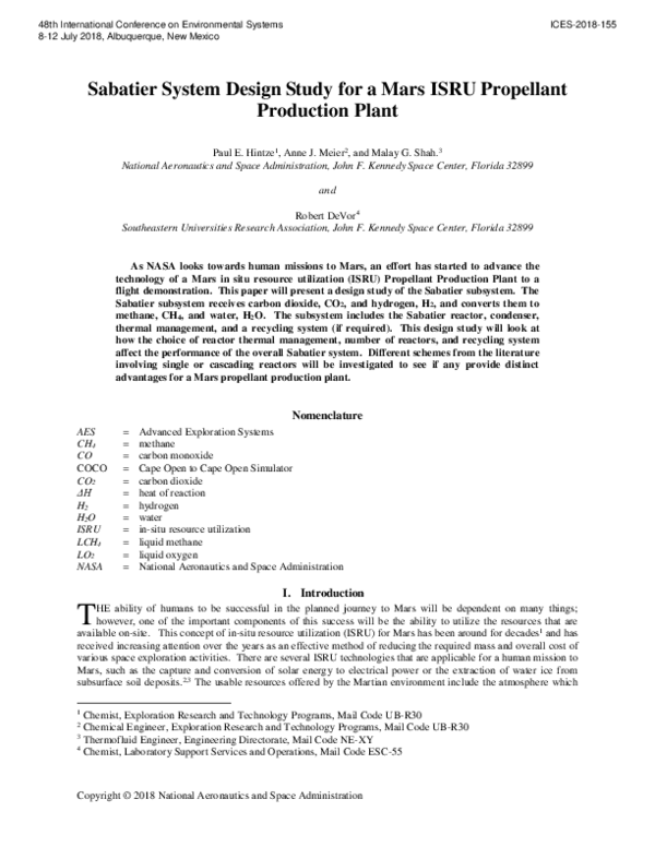 (PDF) Sabatier System Design Study for a Mars ISRU Propellant ...