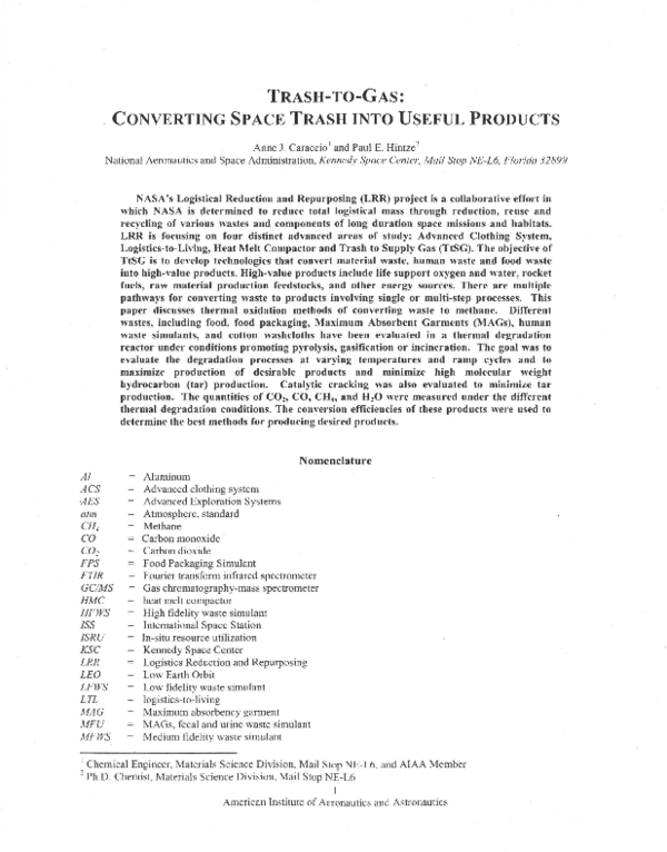 (PDF) Trash-to-Gas: Converting Space Trash into Useful Products