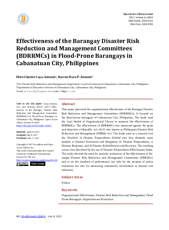 (PDF) Effectiveness of the Barangay Disaster Risk Reduction and ...