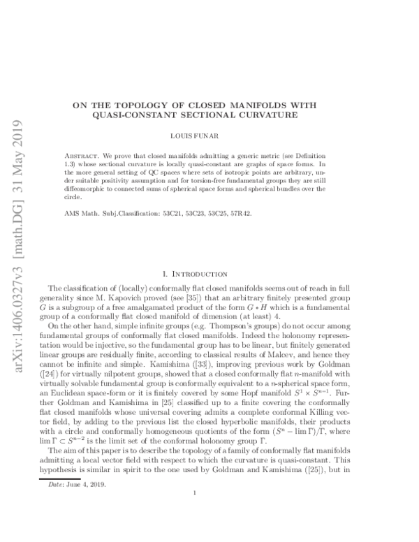 (PDF) The topology of closed manifolds with quasi-constant sectional ...