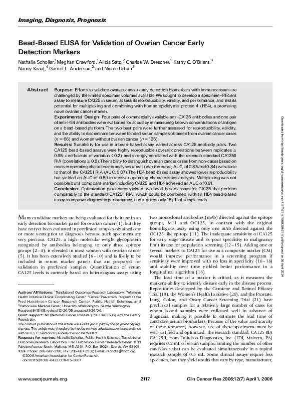 (PDF) Bead-Based ELISA for Validation of Ovarian Cancer Early Detection ...