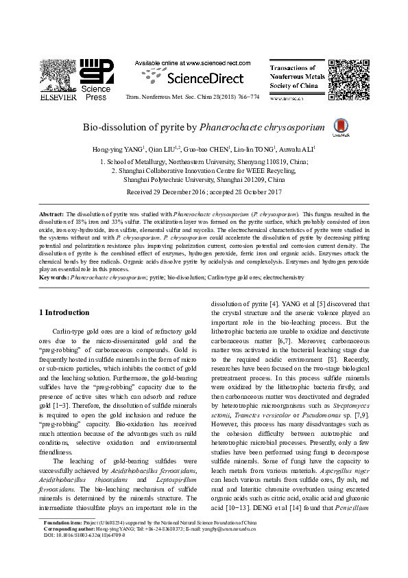 (PDF) Bio-dissolution of pyrite by Phanerochaete chrysosporium
