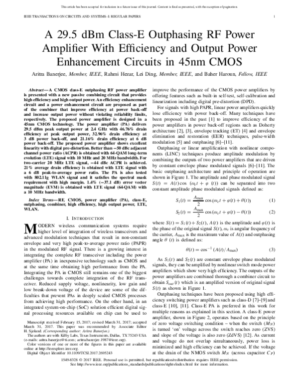 (PDF) A 29.5 dBm class-E outphasing RF power amplifier with performance enhancement circuits in ...