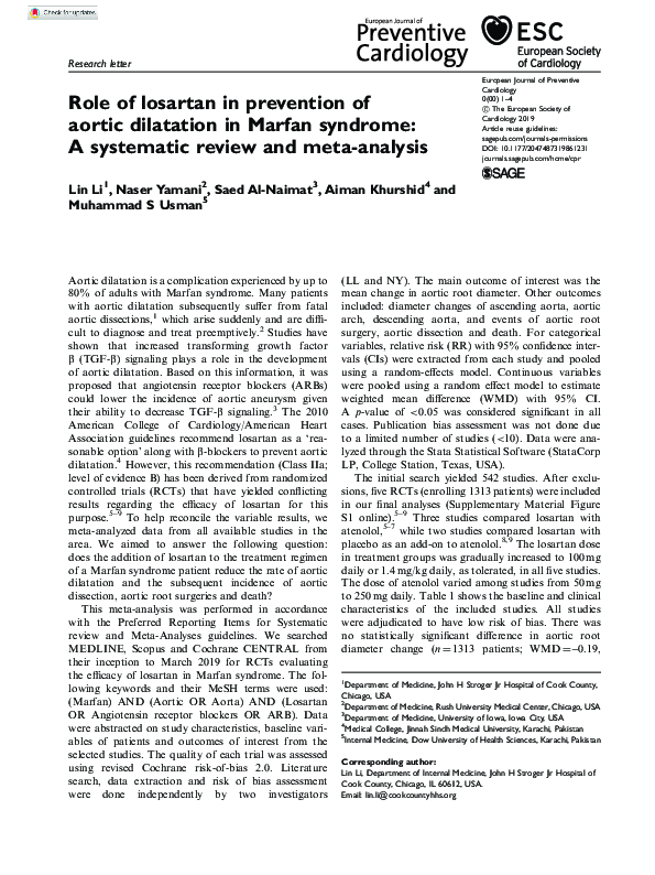(PDF) Role of losartan in prevention of aortic dilatation in Marfan syndrome: A systematic ...