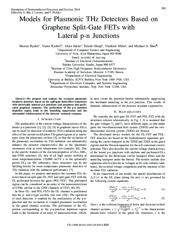 (PDF) Models for plasmonic THz detectors based on graphene split-gate FETs with lateral p-n ...
