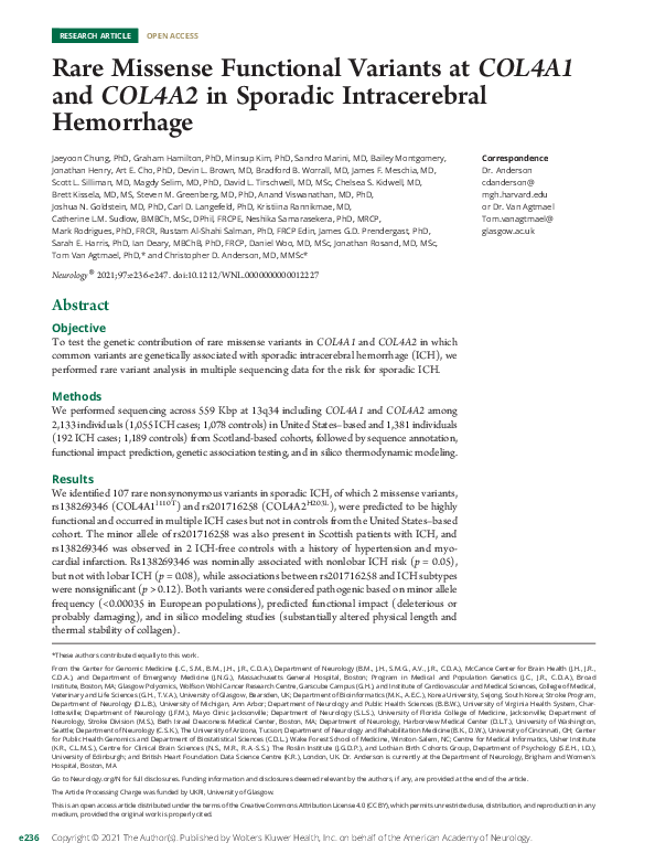 (PDF) Rare Missense Functional Variants at COL4A1 and COL4A2 in Sporadic Intracerebral ...