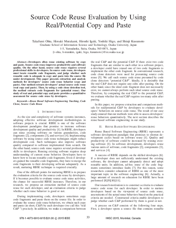 (PDF) Source code reuse evaluation by using real/potential copy and paste
