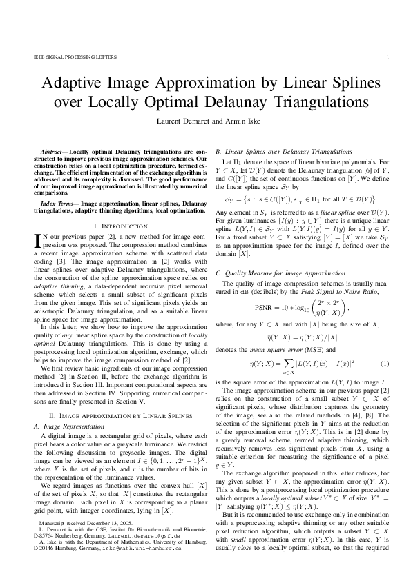 (PDF) Adaptive image approximation by linear splines over locally optimal delaunay triangulations