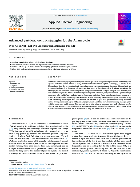 (PDF) Advanced part-load control strategies for the Allam cycle