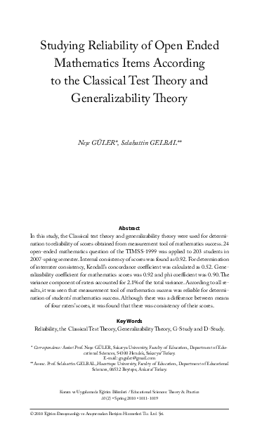 (PDF) Studying Reliability of Open Ended Mathematics Items According to ...