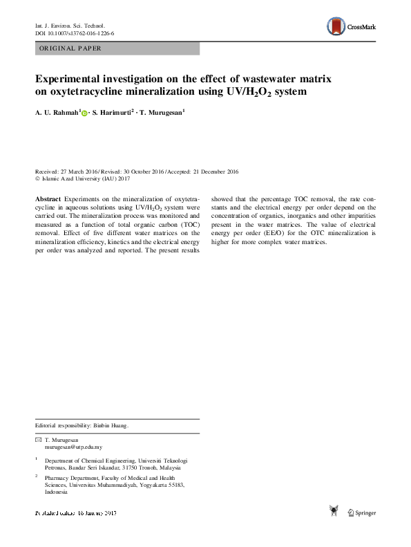 (PDF) Experimental investigation on the effect of wastewater matrix on oxytetracycline ...