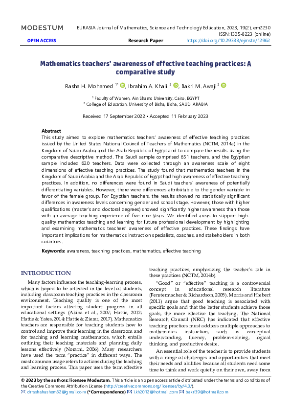 (PDF) Mathematics teachers’ awareness of effective teaching practices: A comparative study