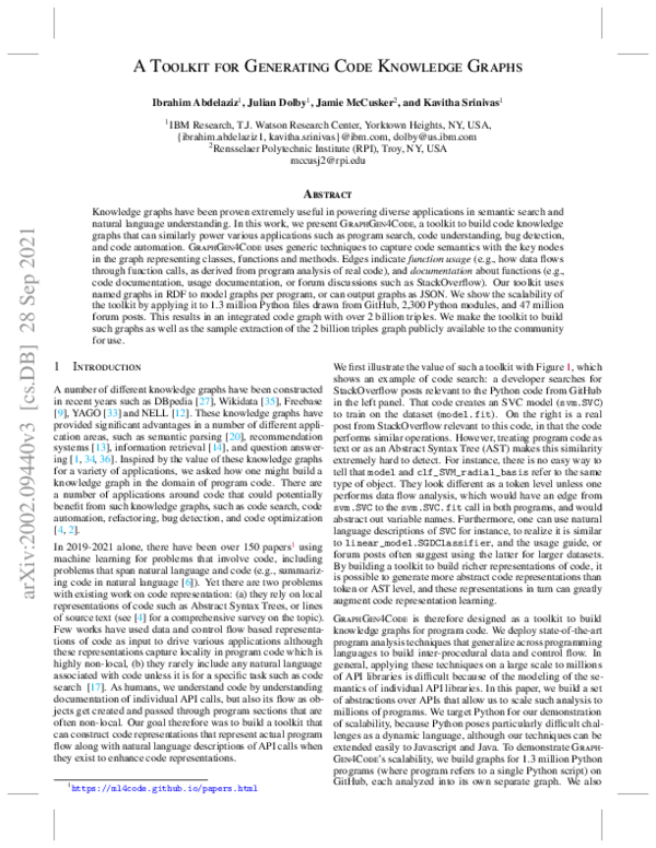 (PDF) A Toolkit for Generating Code Knowledge Graphs | Julian Dolby - Academia.edu