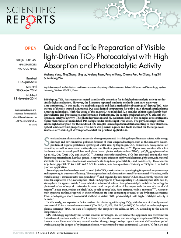 Pdf Quick And Facile Preparation Of Visible Light Driven Tio2 Photocatalyst With High