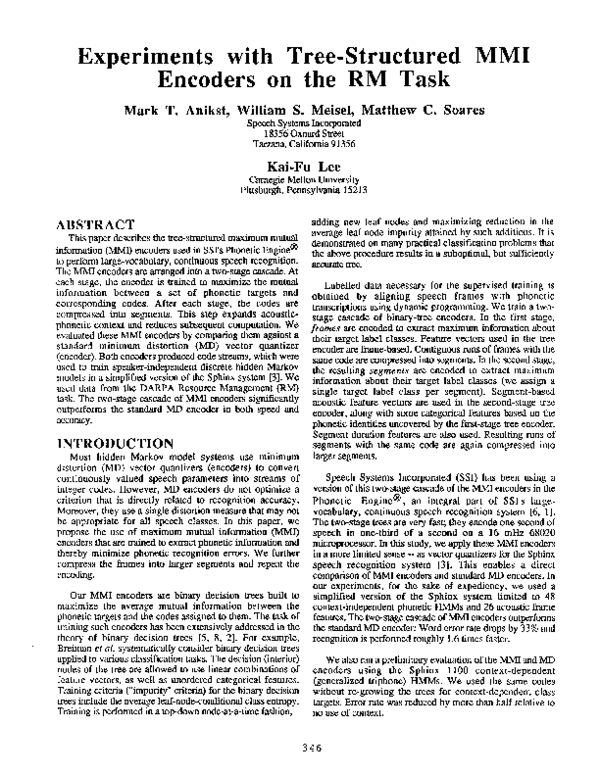(PDF) Experiments with tree-structured MMI encoders on the RM task