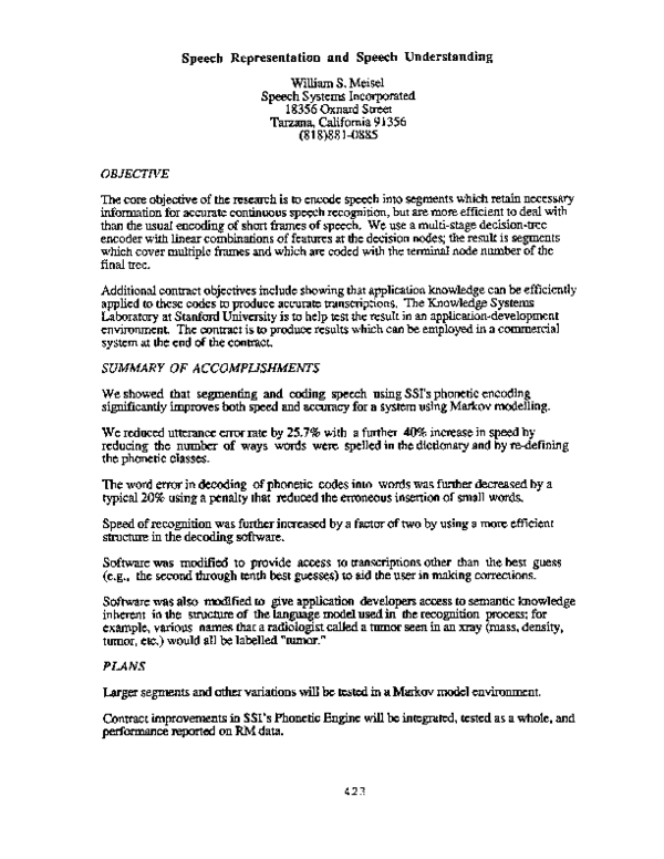 (PDF) Speech representation and speech understanding