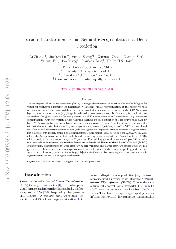 (PDF) Vision Transformers: From Semantic Segmentation to Dense Prediction