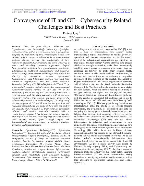 (PDF) Convergence of IT and OT – Cybersecurity Related Challenges and Best Practices