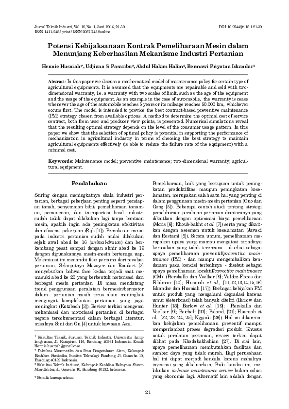 (PDF) Potensi Kebijaksanaan Kontrak Pemeliharaan Mesin dalam Menunjang ...