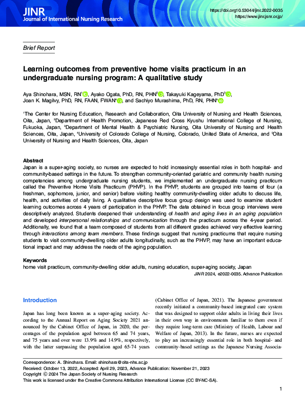 (PDF) Learning outcomes from preventive home visits practicum in an undergraduate nursing ...