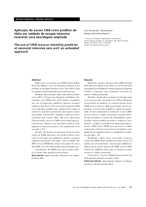 (PDF) Aplicação do escore CRIB como preditor de óbito em unidade de ...