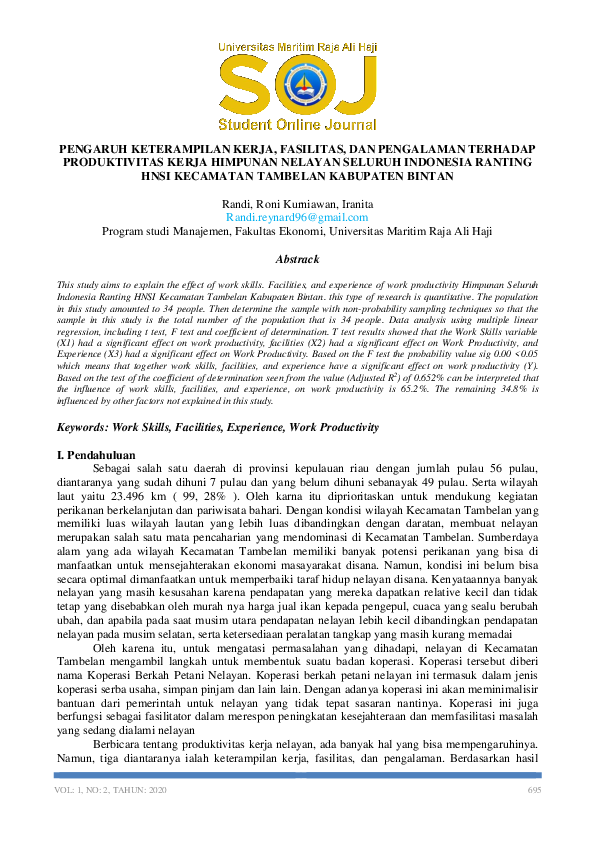 (PDF) Pengaruh Keterampilan Kerja, Fasilitas, Dan Pengalaman Terhadap ...