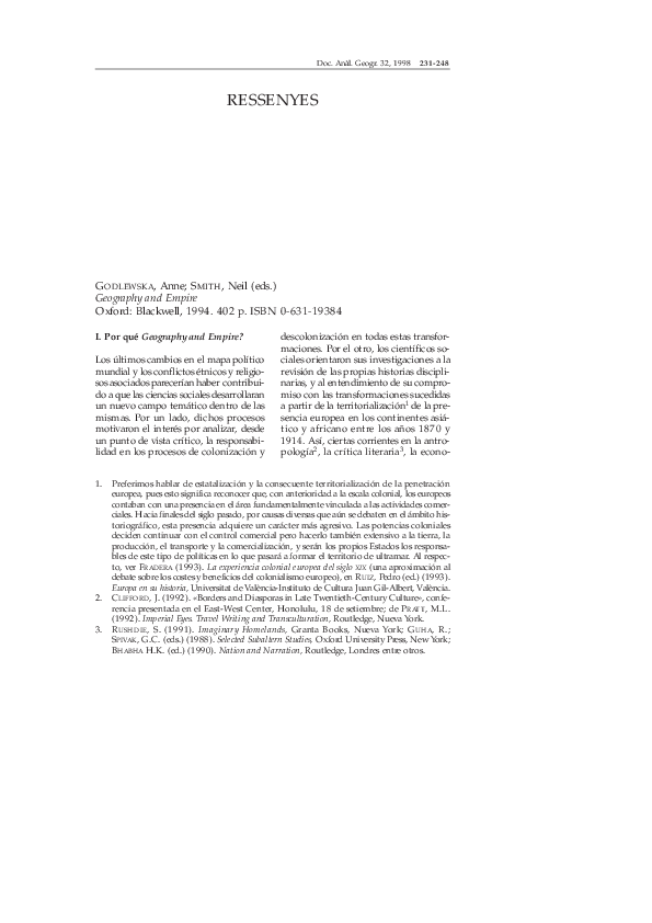(PDF) GODLEWSKA, Anne ; SMITH, Neil (eds.). Geography and empire