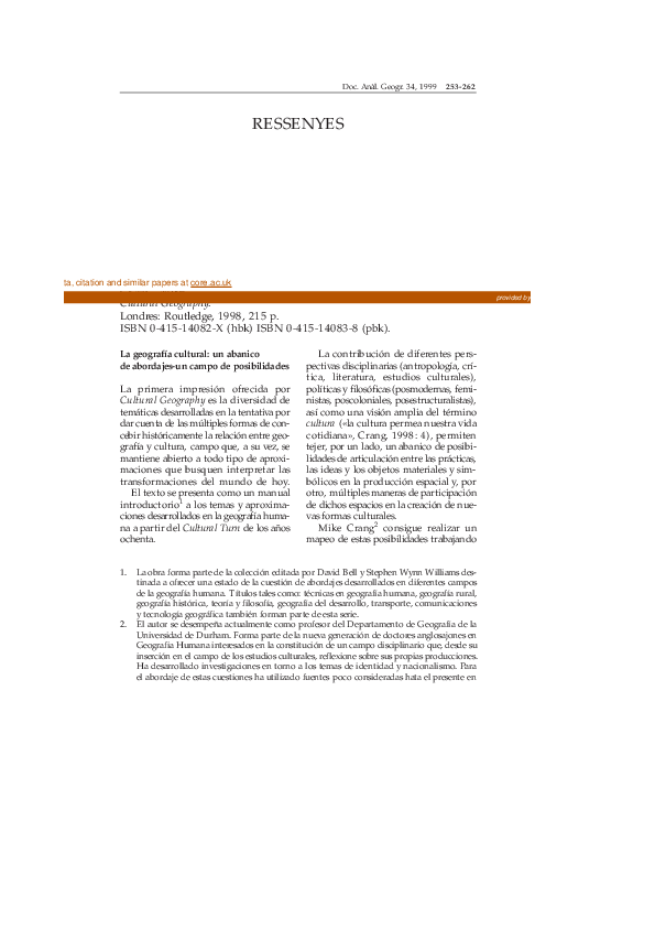 (PDF) CRANG, Mike. Cultural geography