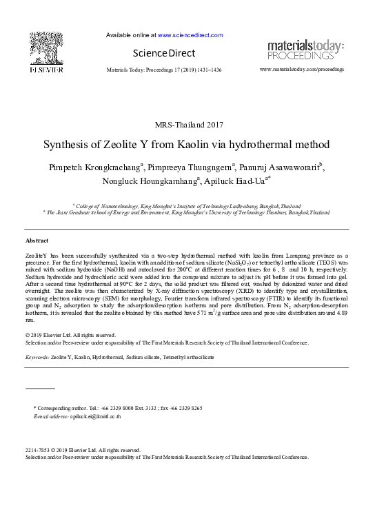 (PDF) Synthesis of Zeolite Y from Kaolin via hydrothermal method