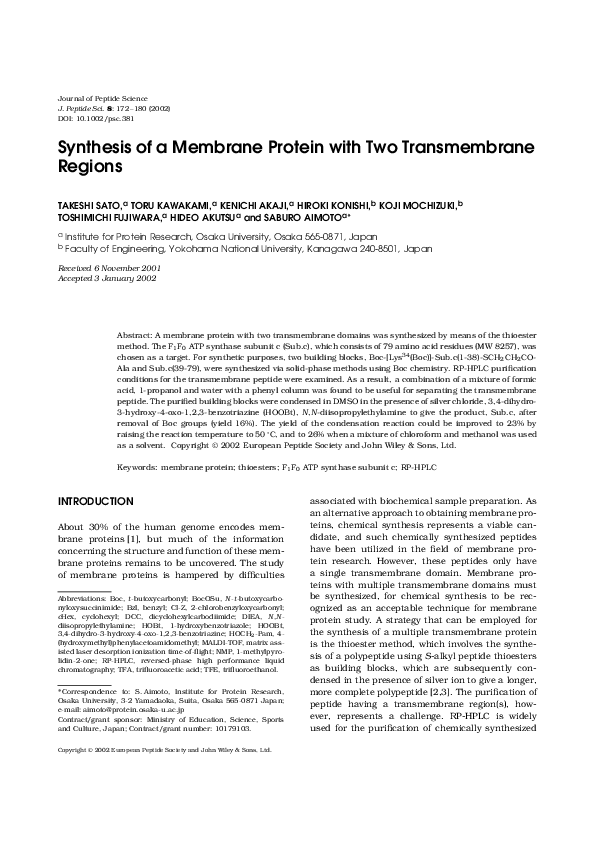 (PDF) Synthesis of a membrane protein with two transmembrane regions