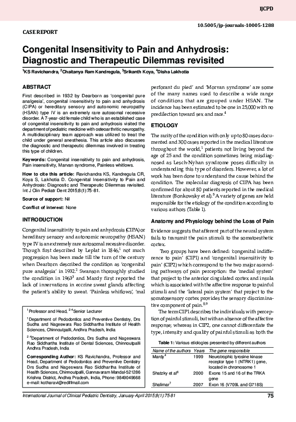 (PDF) Congenital Insensitivity to Pain and Anhydrosis (CIPA) Syndrome ...