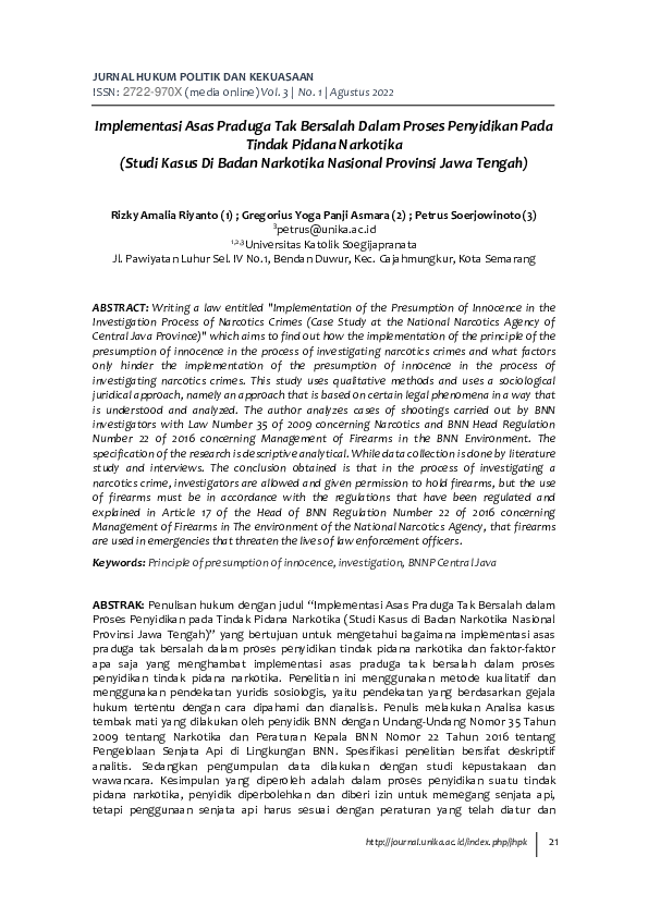 (PDF) Implementasi Asas Praduga Tak Bersalah Dalam Proses Penyidikan Pada Tindak Pidana ...