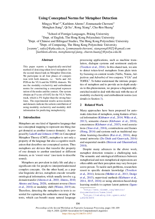 (PDF) Using Conceptual Norms for Metaphor Detection