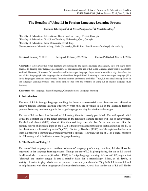 (PDF) The Benefits of Using L1 in Foreign Language Learning Process