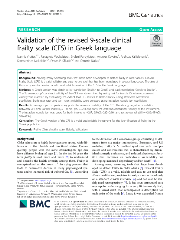 (PDF) Validation of the revised 9-scale clinical frailty scale (CFS) in Greek language