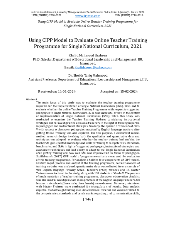 (PDF) Using CIPP Model to Evaluate Online Teacher Training Programme for Single National ...