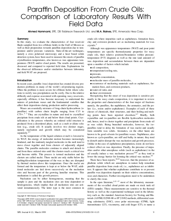 (PDF) Paraffin Deposition From Crude Oils: Comparison of Laboratory ...