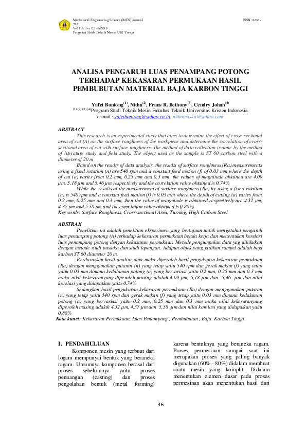 (PDF) ANALISA PENGARUH LUAS PENAMPANG POTONG TERHADAP KEKASARAN PERMUKAAN HASIL PEMBUBUTAN ...