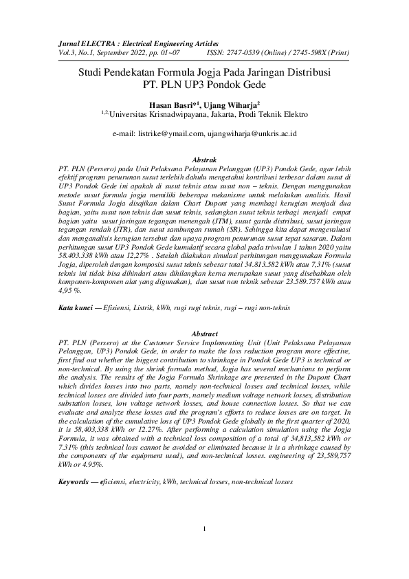 (PDF) Studi Pendekatan Formula Jogja Pada Jaringan Distribusi PT PLN UP3 Pondok Gede