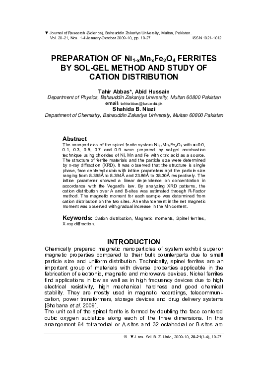 (PDF) Preparation of Ni1−Mn Fe2O4 ferrites by sol–gel method and study ...