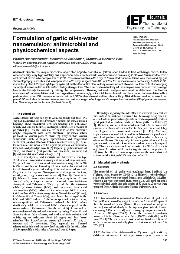 (PDF) Formulation of garlic oil‐in‐water nanoemulsion: antimicrobial ...