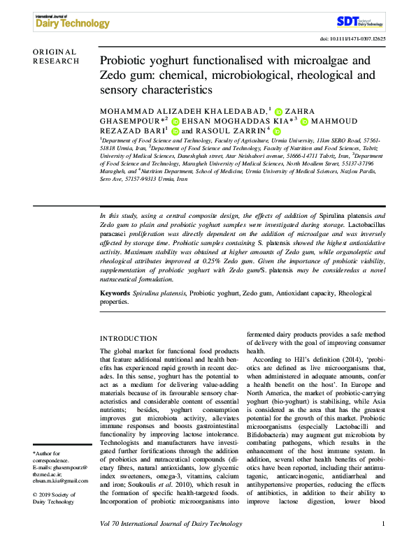 (PDF) Probiotic yoghurt functionalised with microalgae and Zedo gum ...