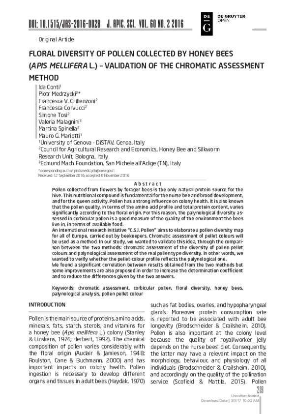 (PDF) Floral Diversity of Pollen Collected by Honey Bees (Apis mellifera L.) – Validation of the ...