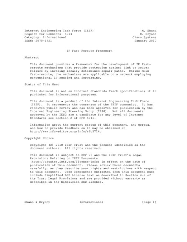 (PDF) IP Fast Reroute Framework
