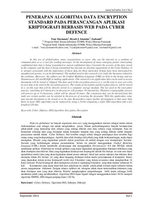 (PDF) Penerapan Algoritma Data Encryption Standard Pada Perancangan ...