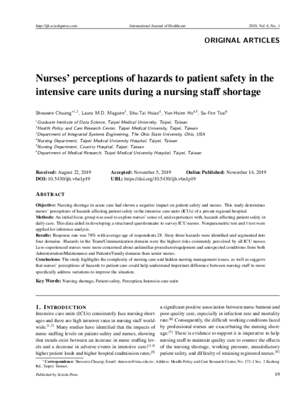 (PDF) Nurses’ perceptions of hazards to patient safety in the intensive care units during a ...