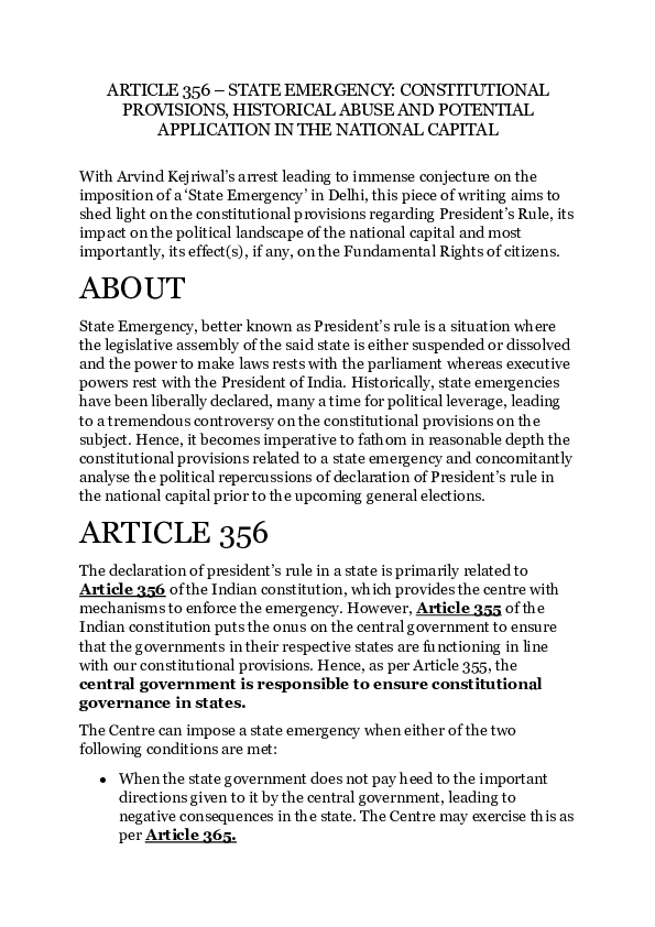 (PDF) ARTICLE 356 - STATE EMERGENCY: CONSTITUTIONAL PROVISIONS ...