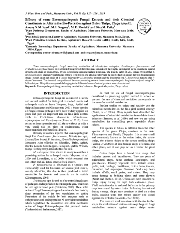 (PDF) Efficacy of some Entomopathogenic Fungal Extracts and their Chemical Constituents as ...