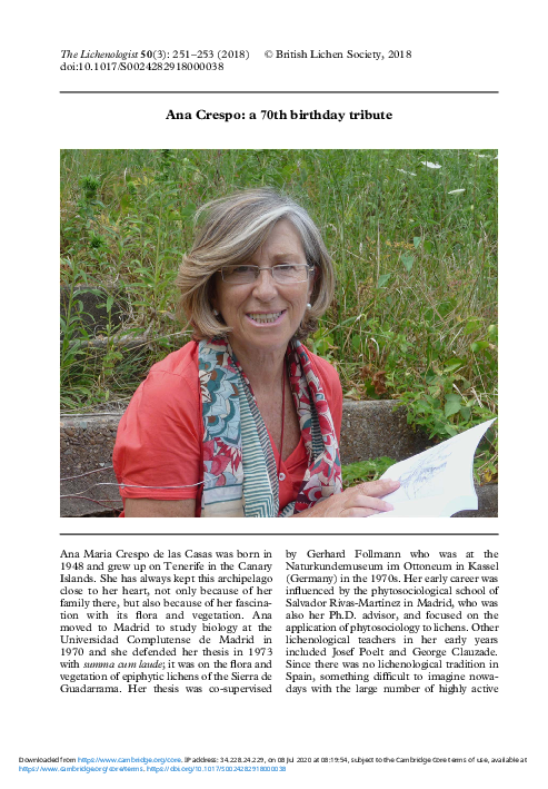 (PDF) Tribute to Ana Crespo: Celebrating 70 Years of Life and Science