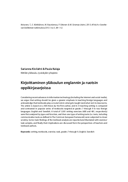 (PDF) Kirjoittaminen yläkoulun englannin ja ruotsin oppikirjasarjoissa